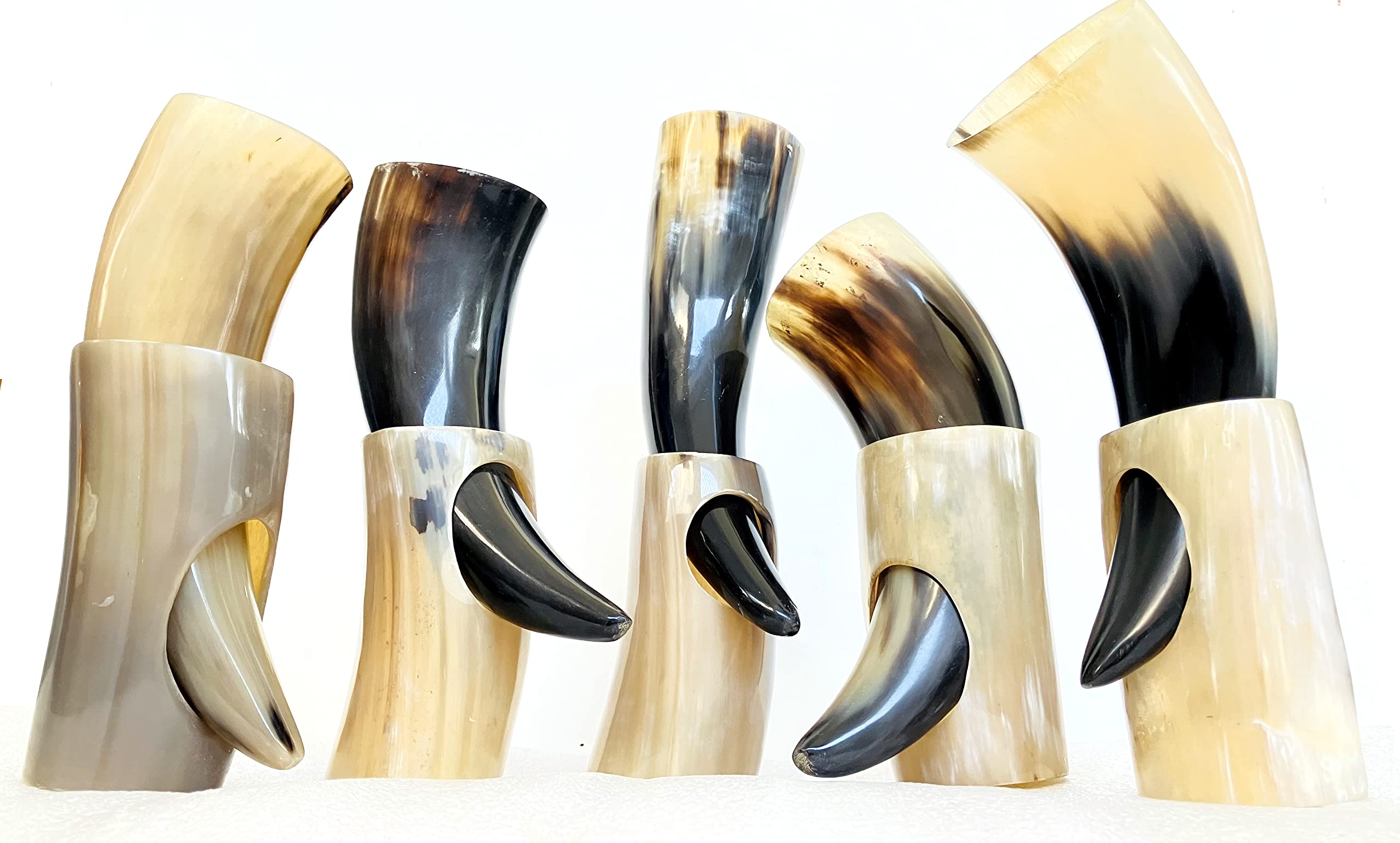 5x Viking Drinking Horn Cups | Viking gift for men 100% Natural Norse Goblet Ale Mead Beer mug Wine with Stand 10oz (9"-12")