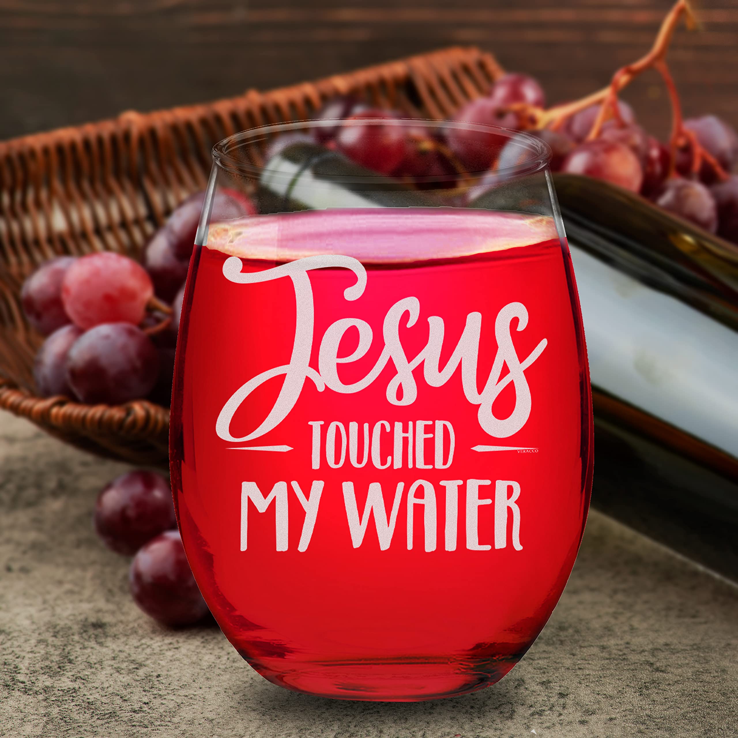 Veracco Jesus Touched My Water Stemless Wine Glass Funny Birthday Gift For Someone Who Loves Drinking Bachelor Party Favors (Clear, Glass)