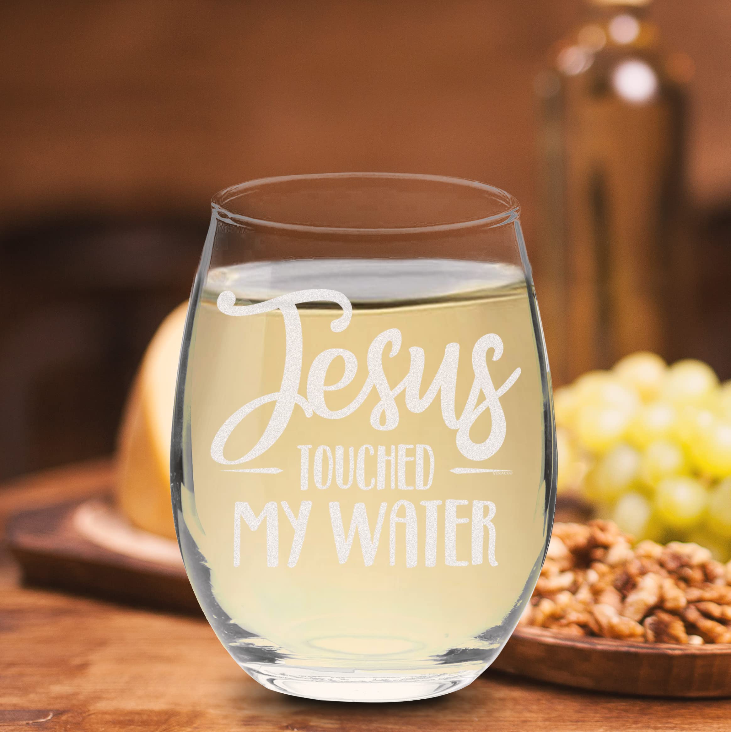 Veracco Jesus Touched My Water Stemless Wine Glass Funny Birthday Gift For Someone Who Loves Drinking Bachelor Party Favors (Clear, Glass)