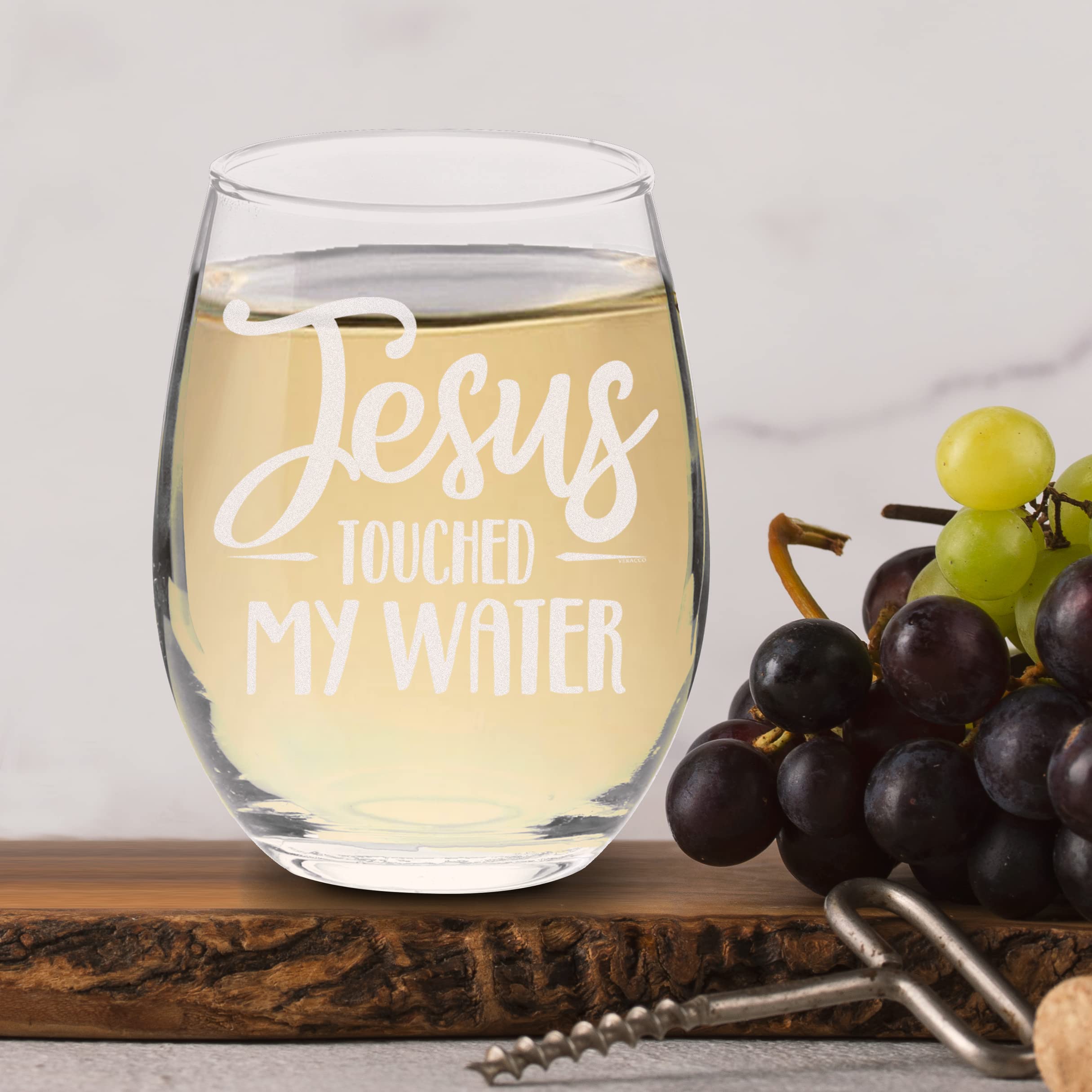 Veracco Jesus Touched My Water Stemless Wine Glass Funny Birthday Gift For Someone Who Loves Drinking Bachelor Party Favors (Clear, Glass)