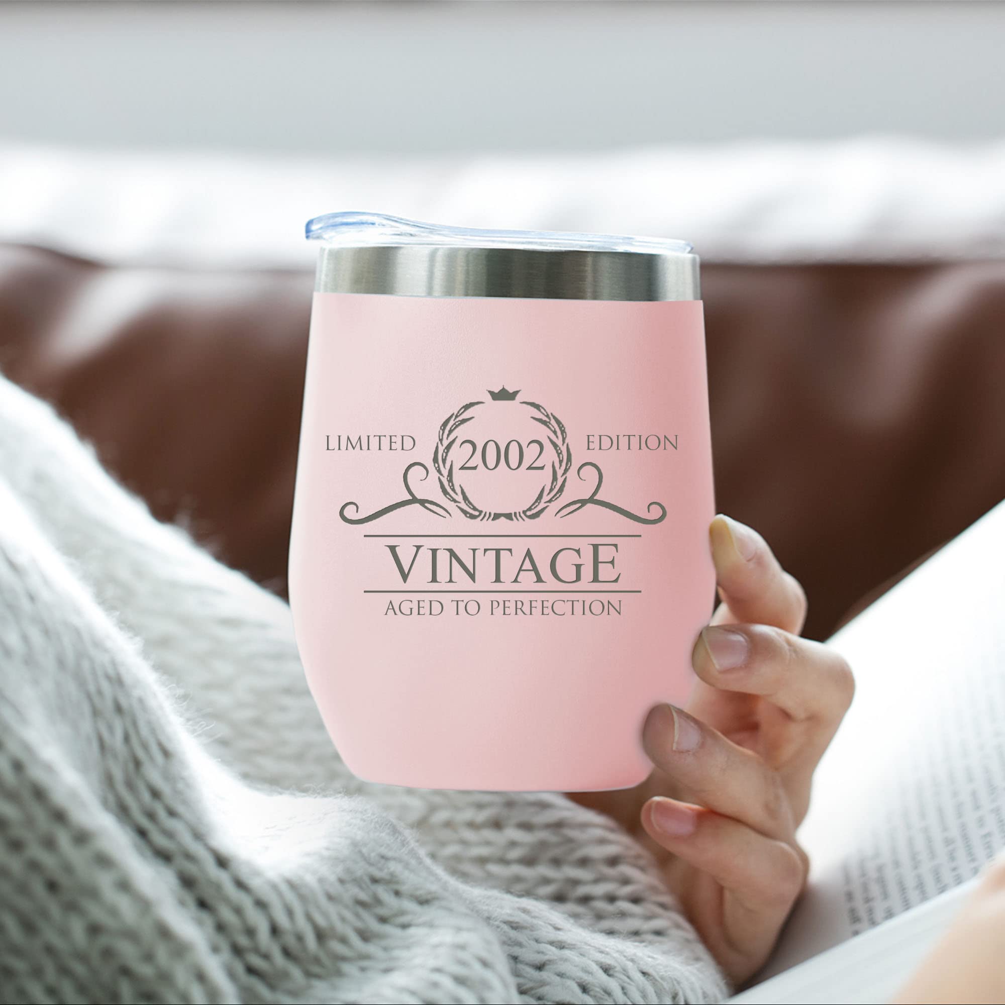 21 Year Old Birthday Gifts for Her - 2002 12 oz Blush Stemless Wine Tumbler - 21 Birthday Gifts for Her Him - 21st Birthday Gifts for Her - 21st Birthday Decorations for Her - 21 Glasses Birthday