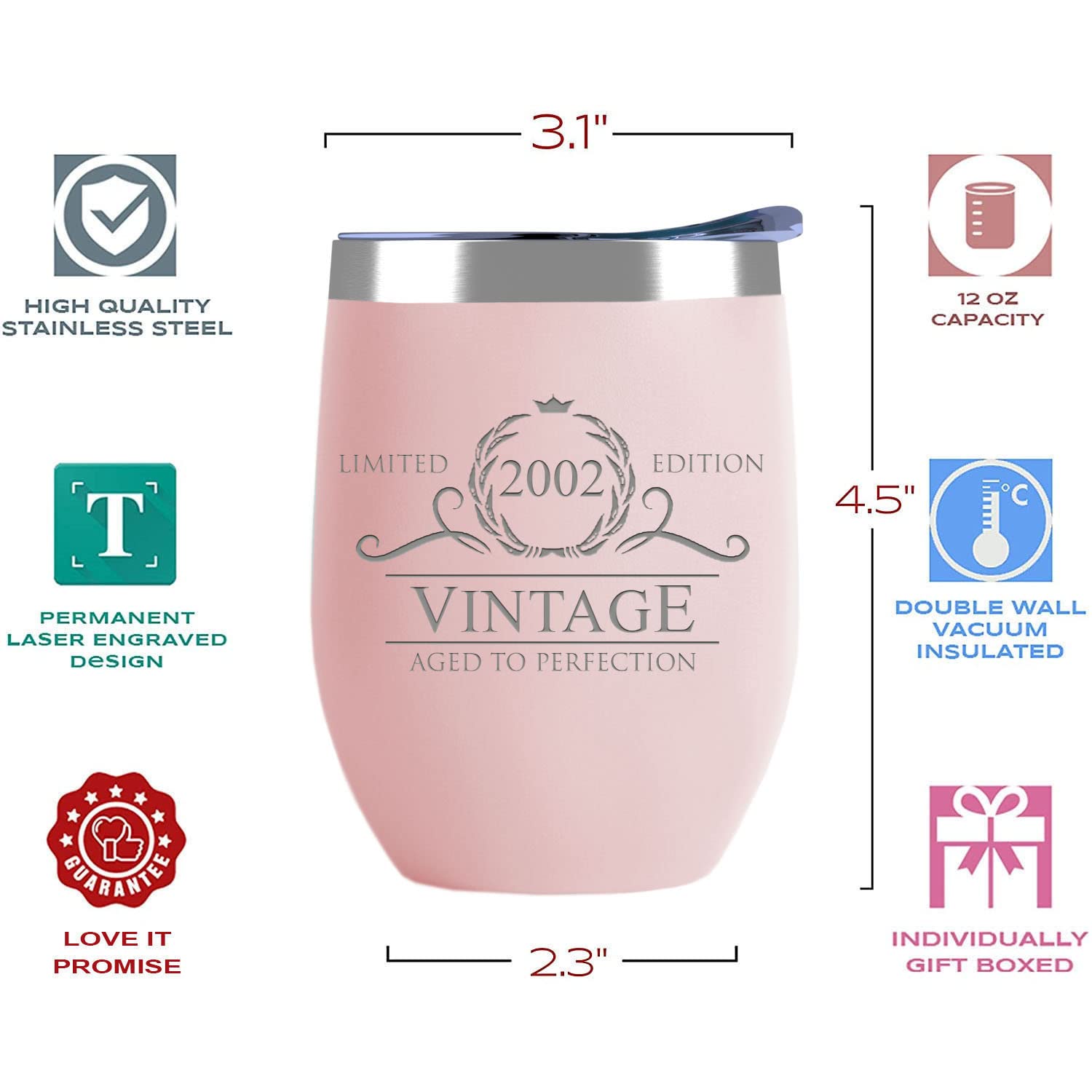 21 Year Old Birthday Gifts for Her - 2002 12 oz Blush Stemless Wine Tumbler - 21 Birthday Gifts for Her Him - 21st Birthday Gifts for Her - 21st Birthday Decorations for Her - 21 Glasses Birthday