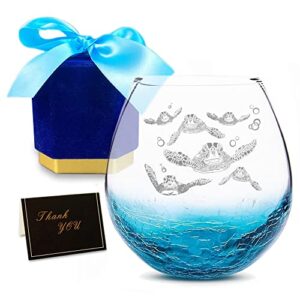 sea turtle gifts, deeply etched sea turtles family handmade engraved crackle turquoise beach wine glass, gifts for turtle lover men women