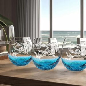 Sea Turtle Gifts, Deeply etched Sea Turtles Family Handmade Engraved Crackle Turquoise Beach Wine Glass, Gifts for Turtle Lover Men Women