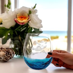 Sea Turtle Gifts, Deeply etched Sea Turtles Family Handmade Engraved Crackle Turquoise Beach Wine Glass, Gifts for Turtle Lover Men Women