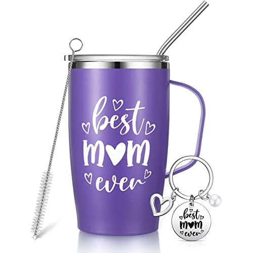 Lallisa Best Mom Ever Christmas Gifts from Daughter Stainless Steel Insulated Travel Tumbler with Straw and Mother's Day Keychain 16 oz Coffee Mug Cup Mother's Day Birthday Gift Set (Purple)