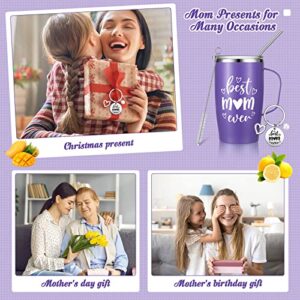 Lallisa Best Mom Ever Christmas Gifts from Daughter Stainless Steel Insulated Travel Tumbler with Straw and Mother's Day Keychain 16 oz Coffee Mug Cup Mother's Day Birthday Gift Set (Purple)