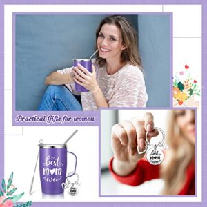 Lallisa Best Mom Ever Christmas Gifts from Daughter Stainless Steel Insulated Travel Tumbler with Straw and Mother's Day Keychain 16 oz Coffee Mug Cup Mother's Day Birthday Gift Set (Purple)