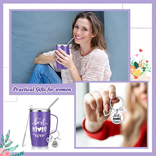 Lallisa Best Mom Ever Christmas Gifts from Daughter Stainless Steel Insulated Travel Tumbler with Straw and Mother's Day Keychain 16 oz Coffee Mug Cup Mother's Day Birthday Gift Set (Purple)