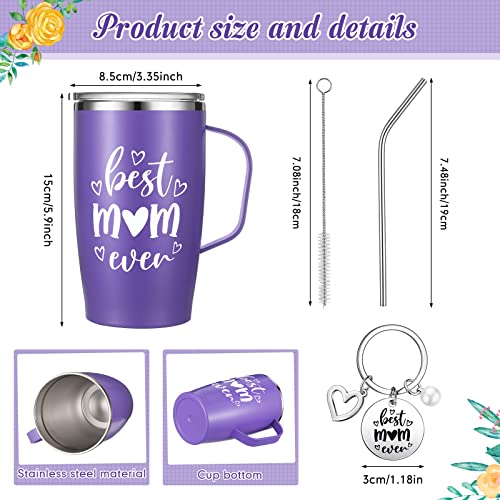 Lallisa Best Mom Ever Christmas Gifts from Daughter Stainless Steel Insulated Travel Tumbler with Straw and Mother's Day Keychain 16 oz Coffee Mug Cup Mother's Day Birthday Gift Set (Purple)