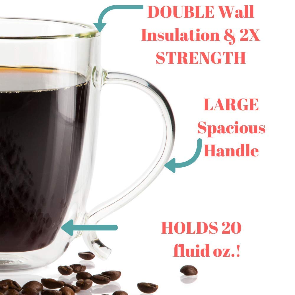 Backyard Bum EXTRA LARGE 20 ounce Premium Coffee Mugs for Men and Women | Double Wall, 20 oz. Insulated Mugs, Set of 2 | Latte, Tea, Cappuccino | Clear Glass Mugs with Handle PLUS Recipe Ebook