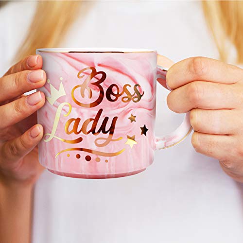 VINAKAS Boss Lady Gifts for Women – 12oz Gold Pink Ceramic Boss Lady Coffee Mug with Fuzzy and Funny Socks - Fun and Colorful Gifts for Mom. Fun Boss Gifts for Women to Make Her Smile