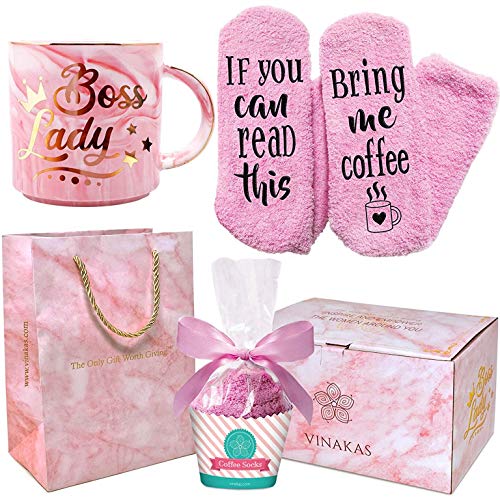 VINAKAS Boss Lady Gifts for Women – 12oz Gold Pink Ceramic Boss Lady Coffee Mug with Fuzzy and Funny Socks - Fun and Colorful Gifts for Mom. Fun Boss Gifts for Women to Make Her Smile