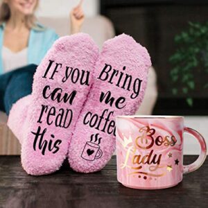 VINAKAS Boss Lady Gifts for Women – 12oz Gold Pink Ceramic Boss Lady Coffee Mug with Fuzzy and Funny Socks - Fun and Colorful Gifts for Mom. Fun Boss Gifts for Women to Make Her Smile