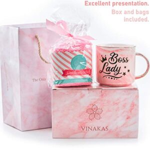 VINAKAS Boss Lady Gifts for Women – 12oz Gold Pink Ceramic Boss Lady Coffee Mug with Fuzzy and Funny Socks - Fun and Colorful Gifts for Mom. Fun Boss Gifts for Women to Make Her Smile