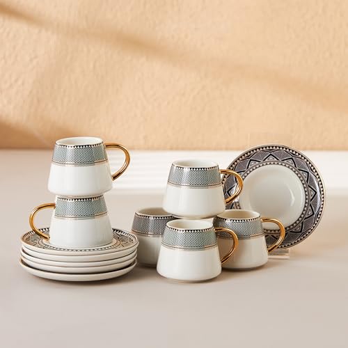 KARACA Globe Turkish Coffee Cups and Saucer for 6 People, 12 Pieces, 90 ml Espresso Turkish Coffee Demitasse Set of 6 Cups & Saucers Made of Porcelain, 3 oz Espresso&Turkish Coffee Cups with Saucers