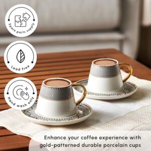 KARACA Globe Turkish Coffee Cups and Saucer for 6 People, 12 Pieces, 90 ml Espresso Turkish Coffee Demitasse Set of 6 Cups & Saucers Made of Porcelain, 3 oz Espresso&Turkish Coffee Cups with Saucers