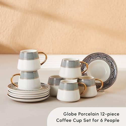 KARACA Globe Turkish Coffee Cups and Saucer for 6 People, 12 Pieces, 90 ml Espresso Turkish Coffee Demitasse Set of 6 Cups & Saucers Made of Porcelain, 3 oz Espresso&Turkish Coffee Cups with Saucers