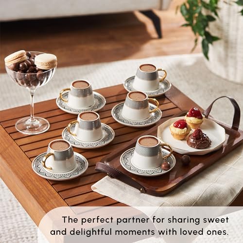 KARACA Globe Turkish Coffee Cups and Saucer for 6 People, 12 Pieces, 90 ml Espresso Turkish Coffee Demitasse Set of 6 Cups & Saucers Made of Porcelain, 3 oz Espresso&Turkish Coffee Cups with Saucers