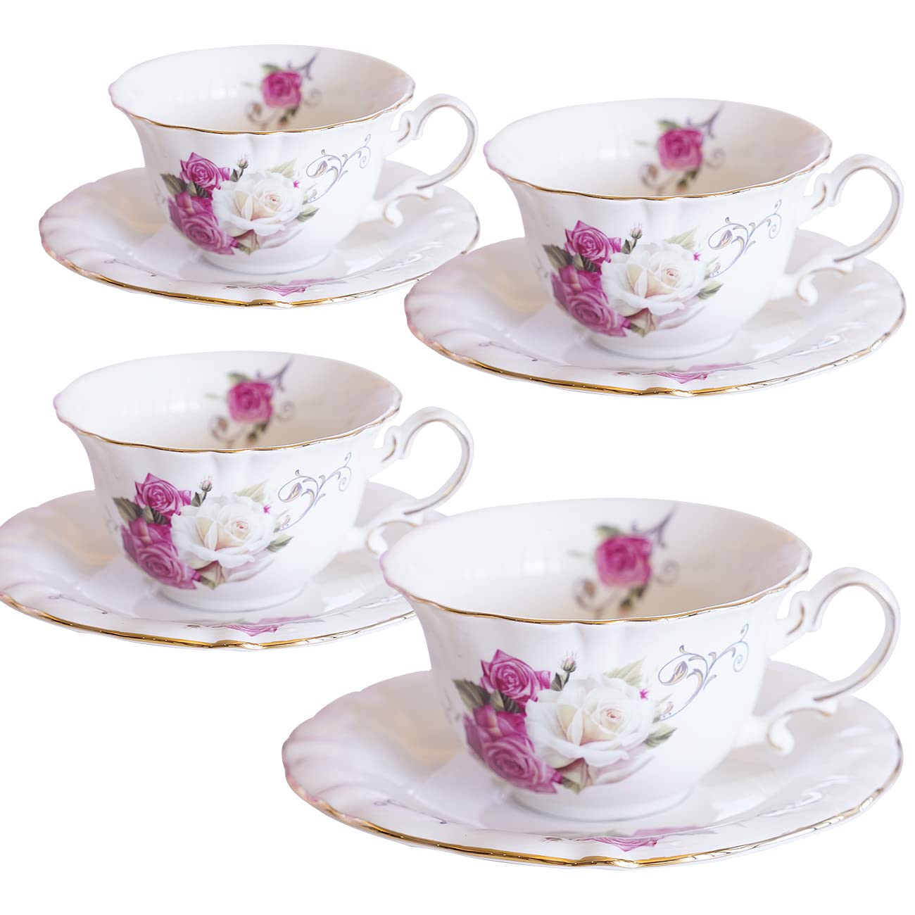 Jomop Ceramic Tea Cups Coffee Cup and Saucers Set of 4 (Rose)