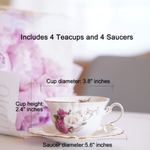 Jomop Ceramic Tea Cups Coffee Cup and Saucers Set of 4 (Rose)