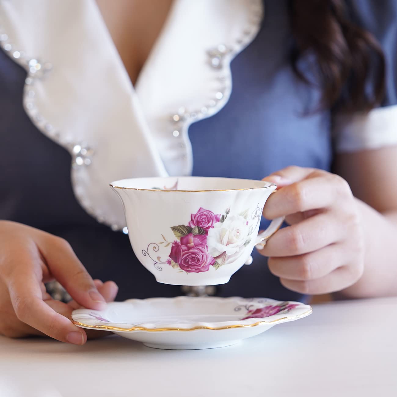 Jomop Ceramic Tea Cups Coffee Cup and Saucers Set of 4 (Rose)