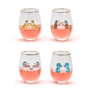 two's company animal party set of 4 stemless wine glasses