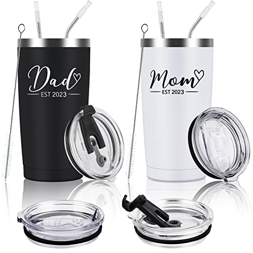 Qtencas Gifts for Parents-Mom and Dad Est 2023 Stainless Steel Insulated Travel Tumbler Set, Mom and Dad Gifts Christmas Gifts for New Parents Pregnancy New Mom New Dad Anniversary(20oz, Black&White)