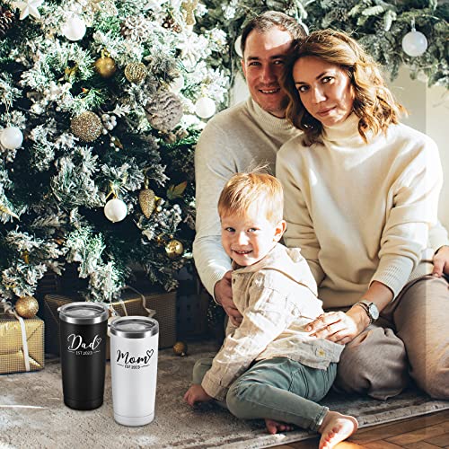 Qtencas Gifts for Parents-Mom and Dad Est 2023 Stainless Steel Insulated Travel Tumbler Set, Mom and Dad Gifts Christmas Gifts for New Parents Pregnancy New Mom New Dad Anniversary(20oz, Black&White)