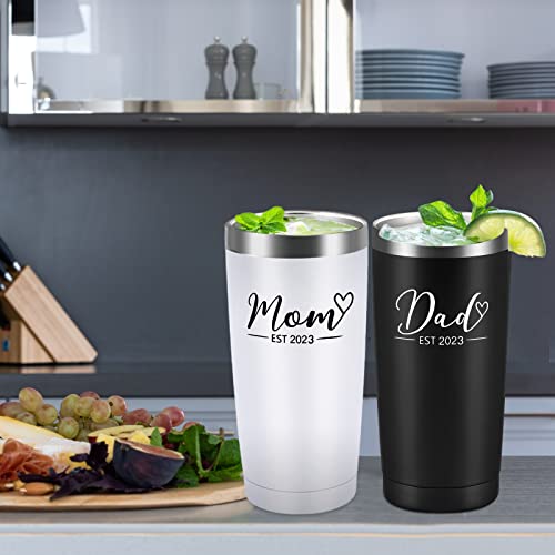 Qtencas Gifts for Parents-Mom and Dad Est 2023 Stainless Steel Insulated Travel Tumbler Set, Mom and Dad Gifts Christmas Gifts for New Parents Pregnancy New Mom New Dad Anniversary(20oz, Black&White)