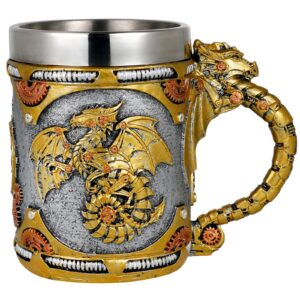 alikiki medieval steampunk dragon mug - 15.8oz renaissance mechanical dragons beer stein tankard stainless coffee cup father day gift mug for dragon collector lovers themed party decoration