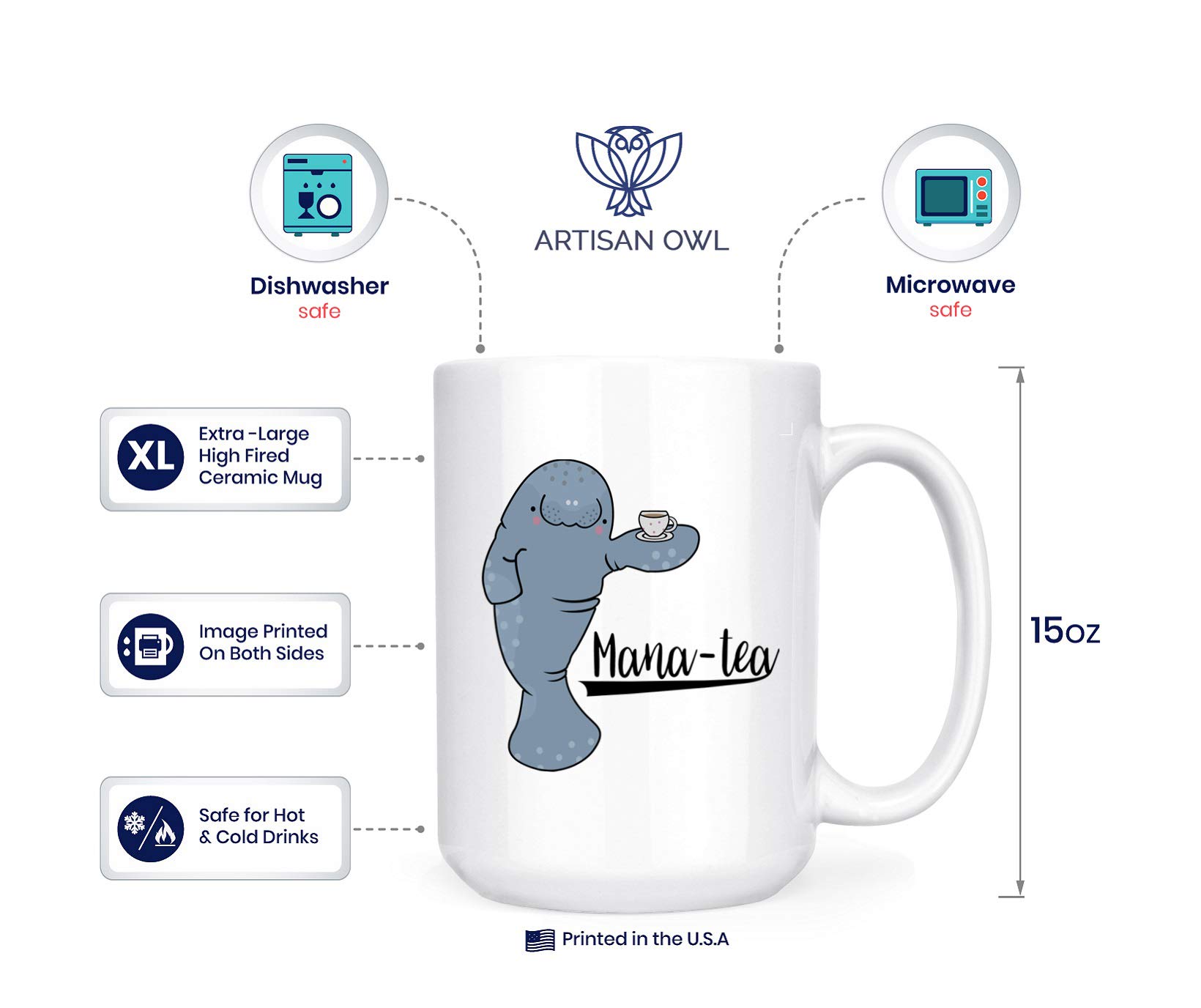 Mana-Tea Funny Manatee Mug - 15oz Deluxe Double-Sided Coffee Tea Mug