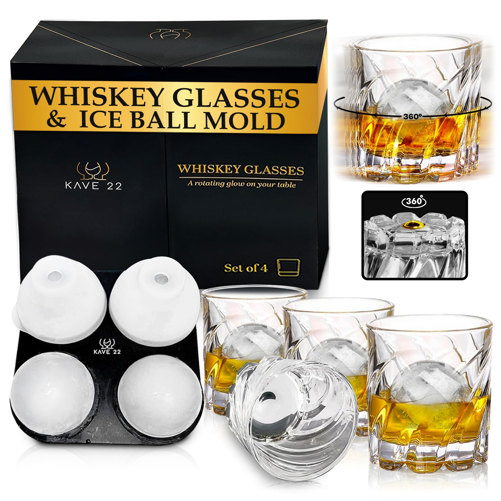 KAVE 22 Spinning Whiskey Glasses - Elegant Bourbon Glasses with Ice Ball Mold - Thick, Scotch Glasses Set of 4 - Luxurious Gift for Whisky Enthusiasts, Old-Fashioned Rotating Glass