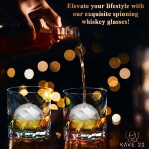 KAVE 22 Spinning Whiskey Glasses - Elegant Bourbon Glasses with Ice Ball Mold - Thick, Scotch Glasses Set of 4 - Luxurious Gift for Whisky Enthusiasts, Old-Fashioned Rotating Glass