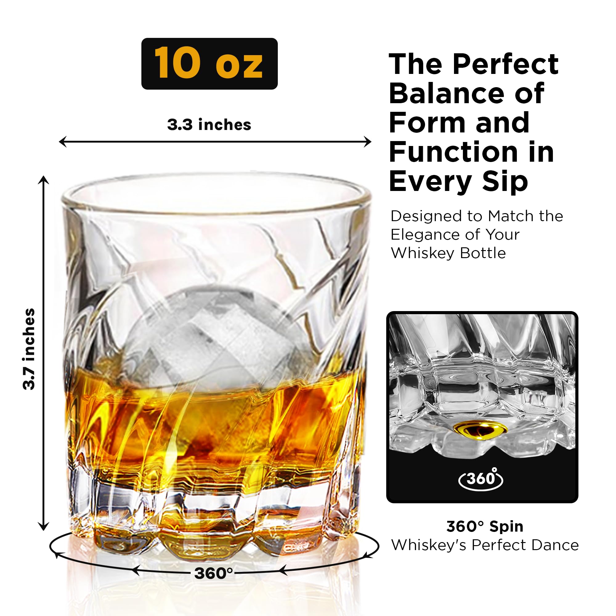 KAVE 22 Spinning Whiskey Glasses - Elegant Bourbon Glasses with Ice Ball Mold - Thick, Scotch Glasses Set of 4 - Luxurious Gift for Whisky Enthusiasts, Old-Fashioned Rotating Glass