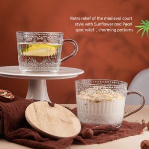 LOVWISH Glass Coffee Mugs, (2-Pcak) 14 Oz- Relief Clear Glass Cups With Bamboo Lids,Tea Cups, Coffee Cups,Espresso Cups, Latte Cups,Cereal Cups, Milk Cups, Beverage Cups, Christmas Thanksgiving Gifts