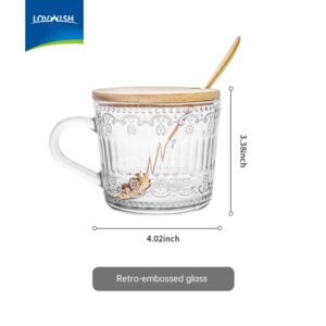 LOVWISH Glass Coffee Mugs, (2-Pcak) 14 Oz- Relief Clear Glass Cups With Bamboo Lids,Tea Cups, Coffee Cups,Espresso Cups, Latte Cups,Cereal Cups, Milk Cups, Beverage Cups, Christmas Thanksgiving Gifts