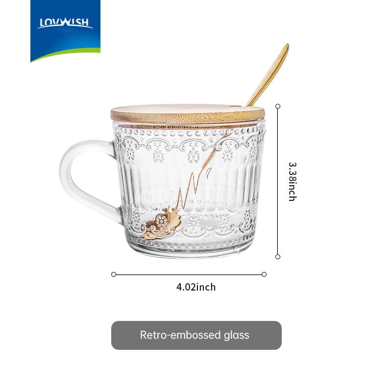 LOVWISH Glass Coffee Mugs, (2-Pcak) 14 Oz- Relief Clear Glass Cups With Bamboo Lids,Tea Cups, Coffee Cups,Espresso Cups, Latte Cups,Cereal Cups, Milk Cups, Beverage Cups, Christmas Thanksgiving Gifts