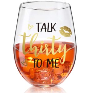 talk thirty to me wine glass 30th birthday stemless wine glass black stemless glass cups dirty 30 birthday present for women men friends thirty birthday present wedding anniversary party favors, 17 oz