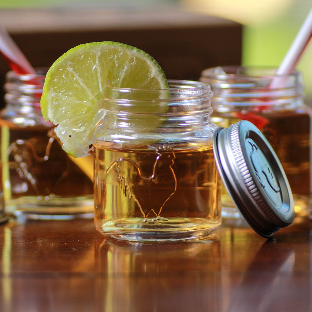 The Rooster Mason Jar Shot Glasses Set - Mini Mason Jars with Lids Featuring Unique Rooster Design (10 Pack)