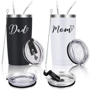 mom and dad travel tumbler set, funny christmas gifts for new parents new pregnancy new dad new mom anniversary birthday, stainless steel insulated travel tumbler with 2 lids(20oz, black and white)