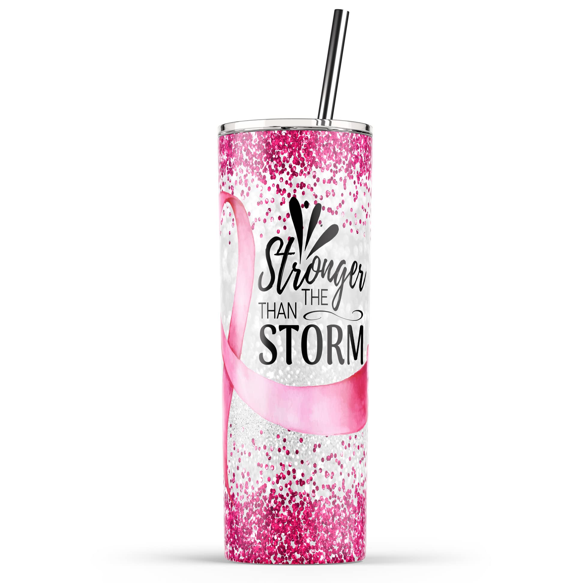 YouNique Designs Breast Cancer Awareness Coffee Tumbler with Straw and Lid, 20 Oz, Insulated Stainless Steel Skinny Tumbler for Women, Breast Cancer Survivor Tea Tumbler, Water Tumbler Cup