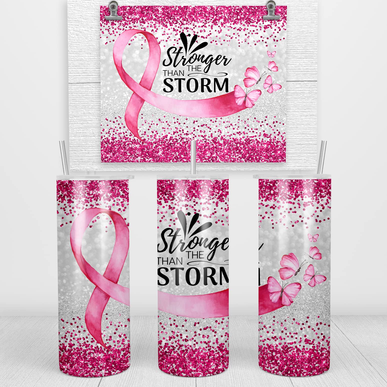 YouNique Designs Breast Cancer Awareness Coffee Tumbler with Straw and Lid, 20 Oz, Insulated Stainless Steel Skinny Tumbler for Women, Breast Cancer Survivor Tea Tumbler, Water Tumbler Cup