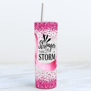 YouNique Designs Breast Cancer Awareness Coffee Tumbler with Straw and Lid, 20 Oz, Insulated Stainless Steel Skinny Tumbler for Women, Breast Cancer Survivor Tea Tumbler, Water Tumbler Cup