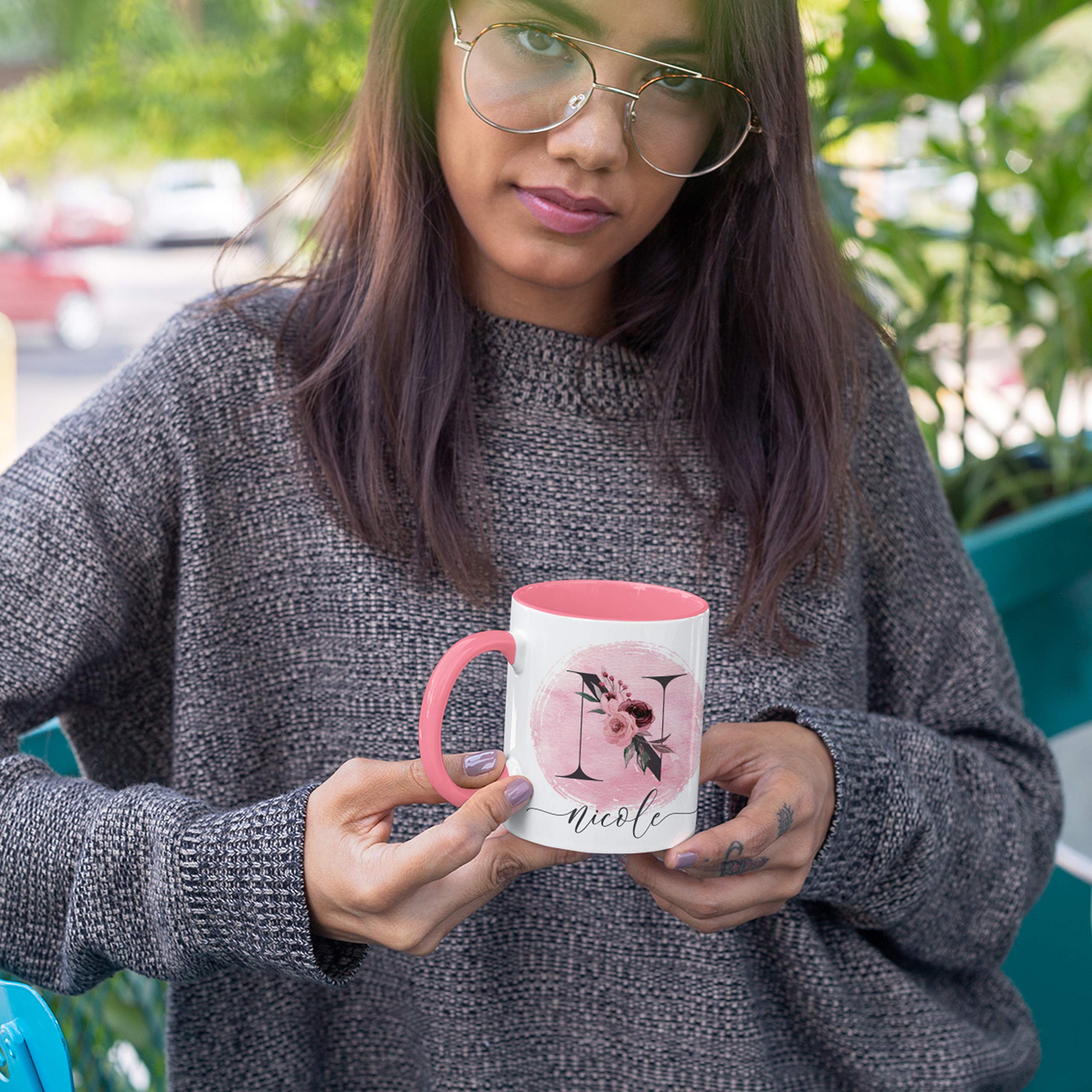 Personalized Coffee Mug w Initial Name Letter, DOUBLE-SIDED - Pink - 11 or 15 Oz - Custom Ceramic Mug, Christmas Gifts for women, Mom, Flower Lover Gifts for Girlfriend, Monogrammed Tea Cup