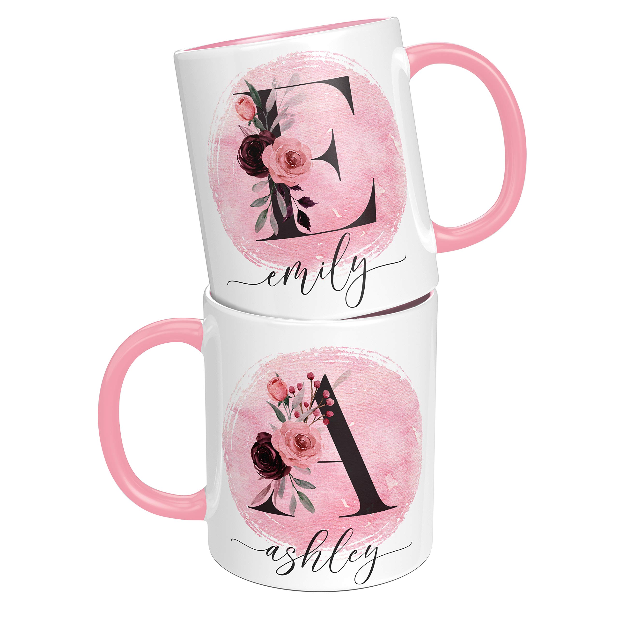 Personalized Coffee Mug w Initial Name Letter, DOUBLE-SIDED - Pink - 11 or 15 Oz - Custom Ceramic Mug, Christmas Gifts for women, Mom, Flower Lover Gifts for Girlfriend, Monogrammed Tea Cup