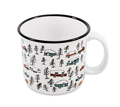 Camco Life is Better at the Campsite Ceramic Mug | Microwave and Dishwasher Safe | White Background with Sketched RVs Design | 14oz. (53383)