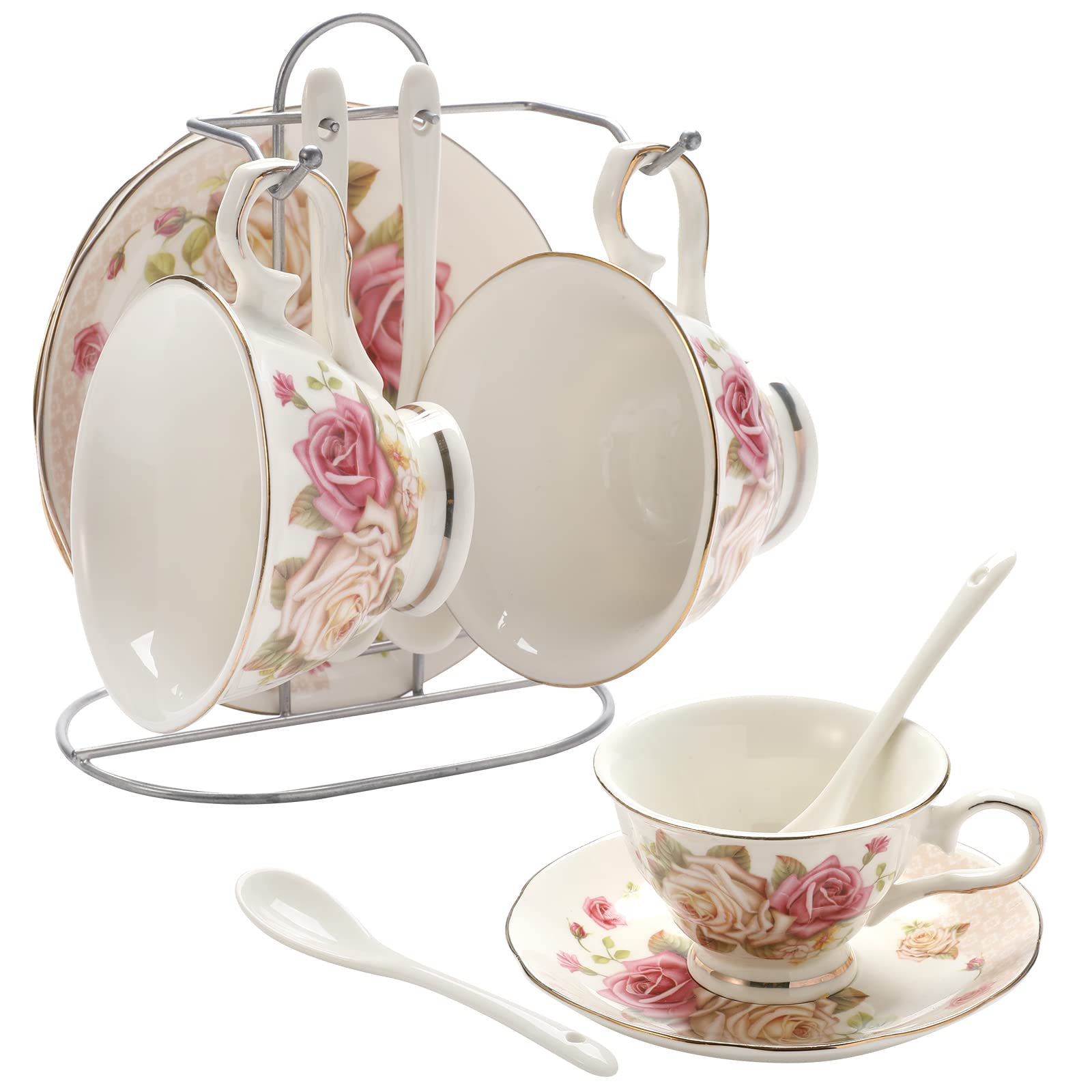 Viktorwan Porcelain Tea Cup and Saucer Coffee Cup Set with Saucer and Spoon, Set of 7 (2 Tea Cups, 2 Saucers, 2 Spoons, and 1 Bracket)