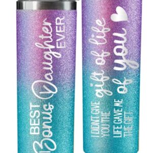 Onebttl Bonus Daughter Gifts, Gifts for Bonus Daughter on Birthday, Christmas or Thanksgiving, 20oz Stainless Steel Travel Mug with Lid and Straw - Best Bonus Daughter Ever Purple Blue