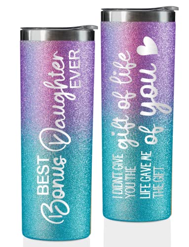 Onebttl Bonus Daughter Gifts, Gifts for Bonus Daughter on Birthday, Christmas or Thanksgiving, 20oz Stainless Steel Travel Mug with Lid and Straw - Best Bonus Daughter Ever Purple Blue